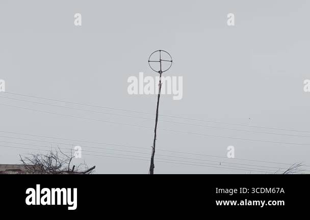 Traditional Circular Analog TV Antenna on Wooden Pole with Power ...