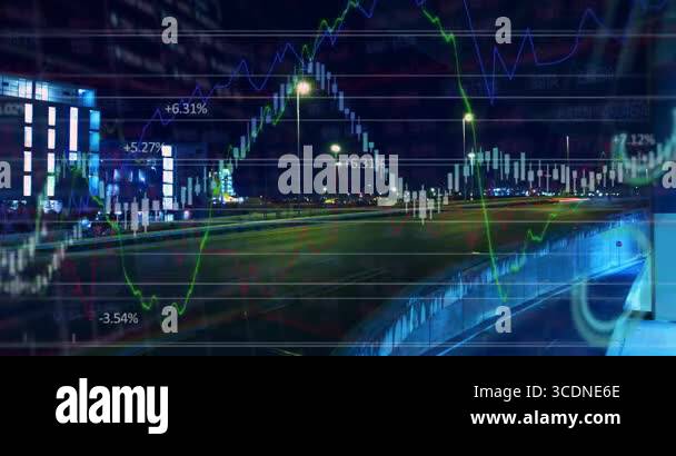 Starting highway light trails, fading white candlesticks, animating lines visualizing markets ...