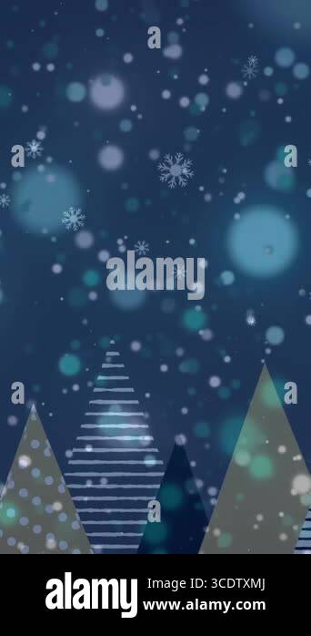 Spots of light and snowflakes falling over christmas tree icons on blue ...