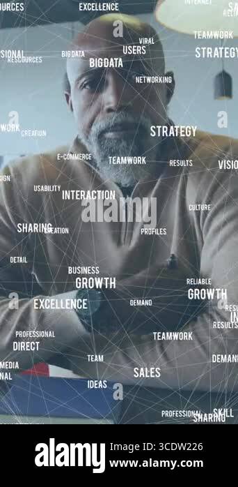 Animation of network of connections with texts over african american businessman working at ...