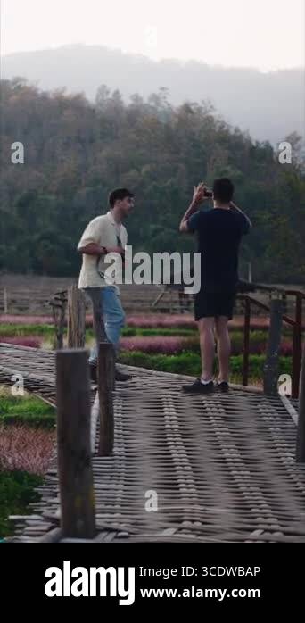 Two tourists taking pictures on a bamboo bridge over a rice paddy Stock ...