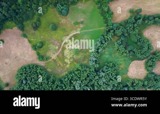 Direct overhead shot of plowed land sections and green forest patches ...