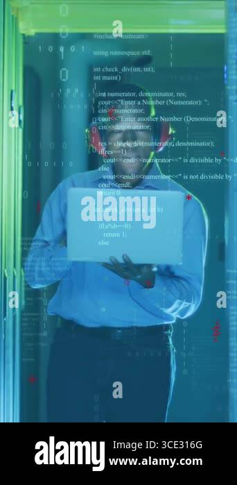 Animation of computer language, binary codes, african american male engineer checking server ...