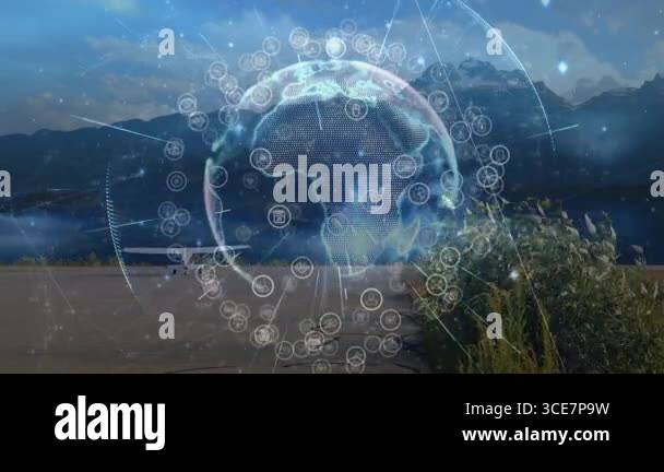 Data icons materializing over lakeside runway converging into rotating ...