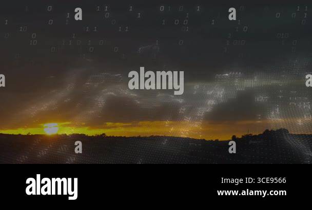 Sun perching above hills causing binary digits aligning into waveform ...