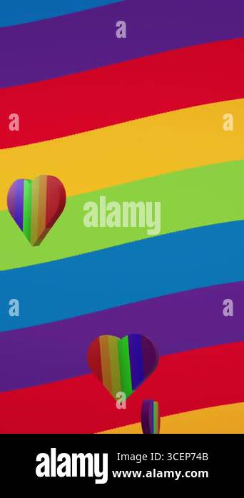 Animation of rainbow hearts over rainbow background. Pride month, lgbt ...