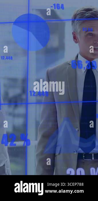 Animation of multiple graphs with changing numbers, caucasian coworkers ...