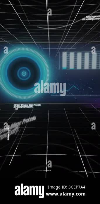 Futuristic digital interface animation with circular patterns over grid background. Technology ...