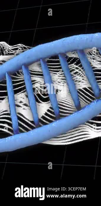 DNA strand over dynamic wave patterns and grid background, scientific data visualization ...