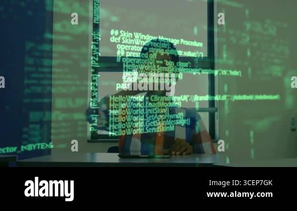 Teenage boy noticing code overlay pinching swiping pointing and exploring code loops in ...