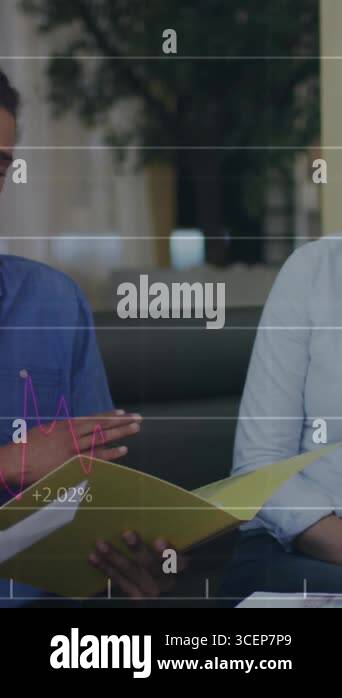 Animation of data processing over smiling diverse business people ...