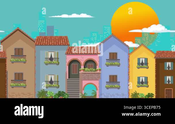Vibrant cityscape animation with a setting sun, colorful buildings, and ...
