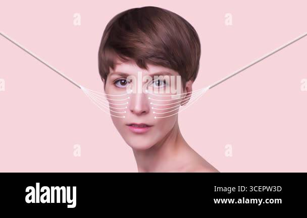 Facelift animation. White lines on woman face showing directions of ...