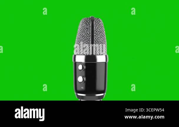 A studio microphone spinning in place on green screen, 3D animation ...