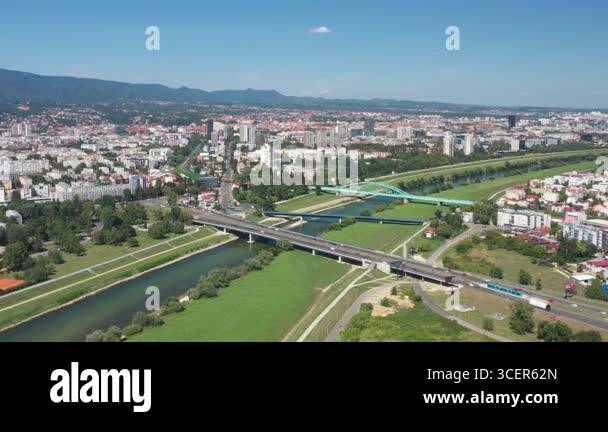 Panoramic view of bridges over the Sava river in Zagreb, Croatia, city ...