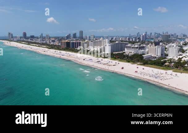 Aerial view of Miami beach and ocean. Miami coastline with crystal ...