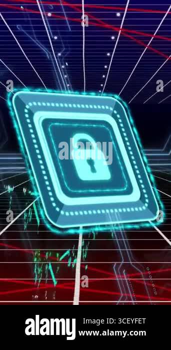 Animation of padlock icon with computer circuit board over shapes and ...