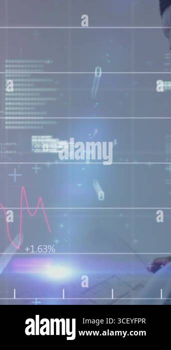 Animation of graphs, binary codes, computer language over diverse coworkers discussing blueprint ...