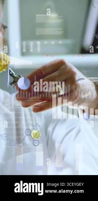 Animation of financial data processing over caucasian male scientist ...