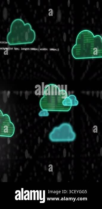 Animation of cloud icons and data processing. Global connections ...