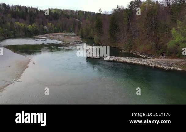 Aerial view of Georgenstein, a massive boulder rising from the Isar ...