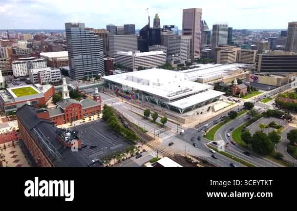 Aerial drone shot of Baltimore Maryland downtown with modern ...