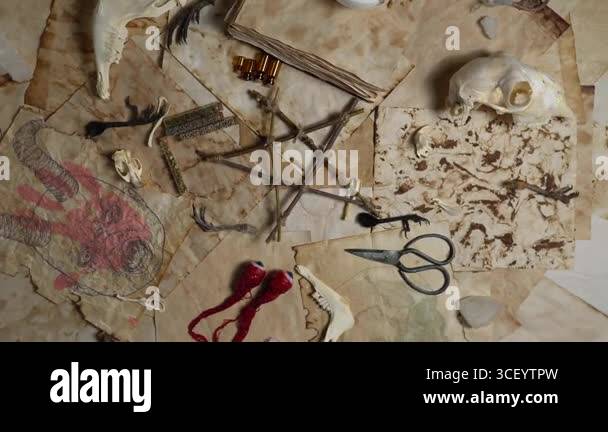 Mystic occult background with witch craft tools and ingredients on old ...