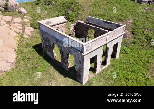 Orbital drone aerial scene of ruins of a Brazilian colonial period ...