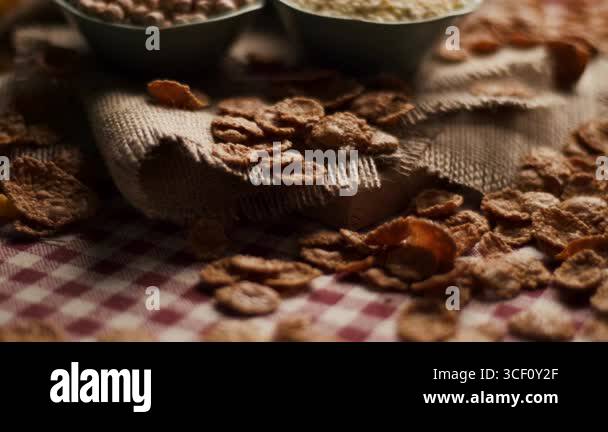Close-up of assorted carbohydrate-rich foods arranged on a table ...