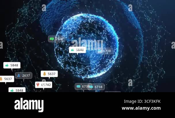 With globe spinning Cyber Security fading nodes pulsing social icons ...