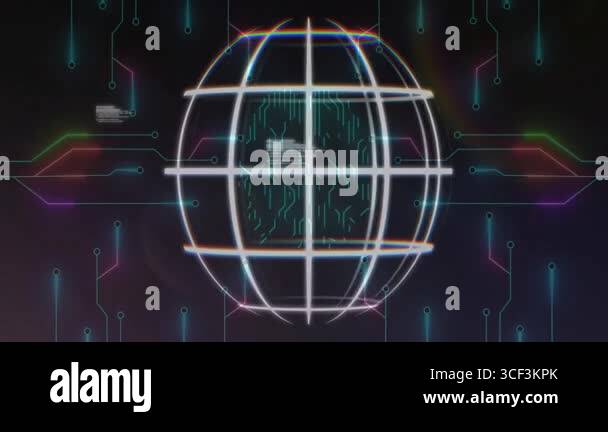 At system booting rotating wireframe globe with text flickering, glitch ...