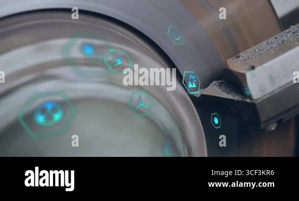 Lathe starting spin sending tool advancing into bar, machining cut with teal metric icons ...