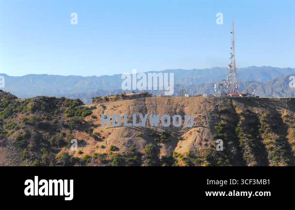 Aerial view highlights the iconic Hollywood sign and a communications ...