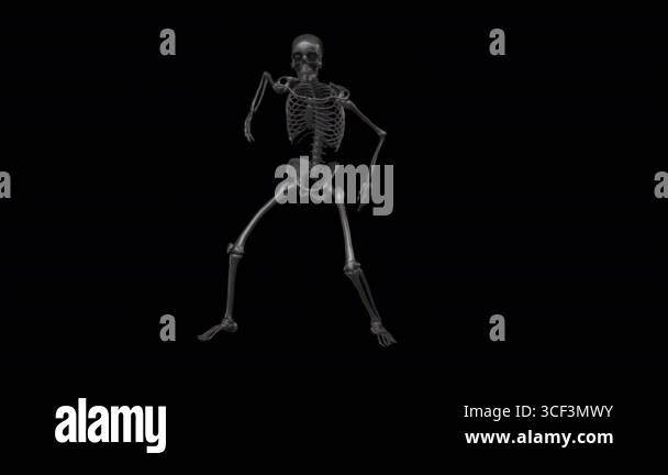 CG animation of a dancing skeleton on a black background. Adds intrigue ...