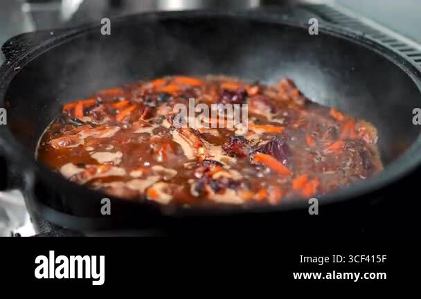 Simmering meat and carrots releasing aromatic steam within rustic cast ...