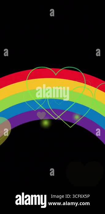 Animation of rainbow hearts over rainbow on black background. Pride ...