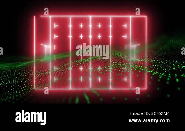 Red neon lines emerging from void forming neon frame over waving green ...
