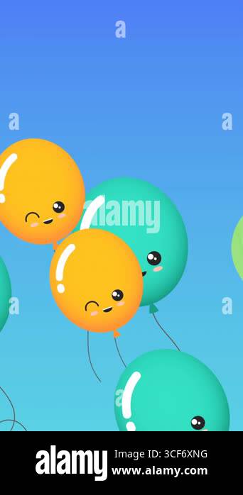 Animation of colourful balloons with faces flying on blue background ...