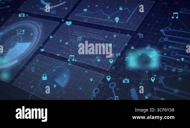 Camera opening isometric grid revealing panels as holographic icons drifting to show network ...