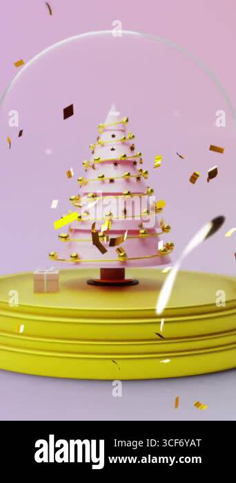Animation of confetti over snow globe with christmas tree on pink ...