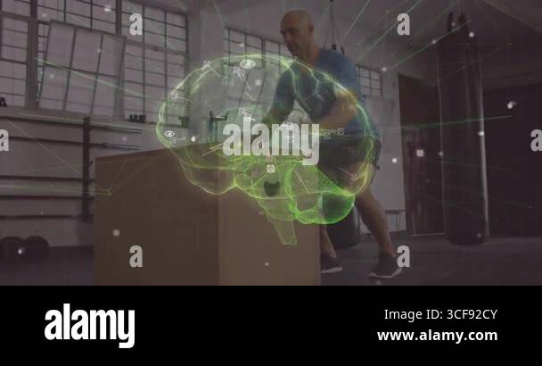 Man shifting weight causing digital brain nodes pulsing via fitness box ...