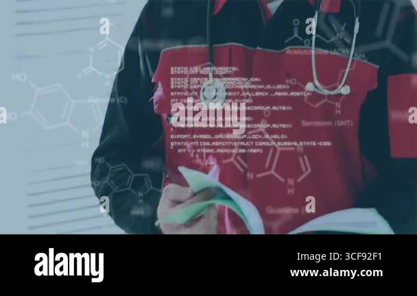 Paramedic flipping pages at desk reviewing protocols molecular diagrams and code overlays ...