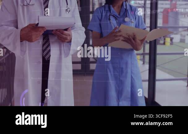 Doctor noting and nurse examining file for medical analytics, grid ...