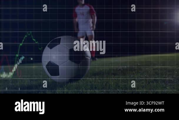data charts appearing as player stepping forward and kicking ball on field showing sports ...