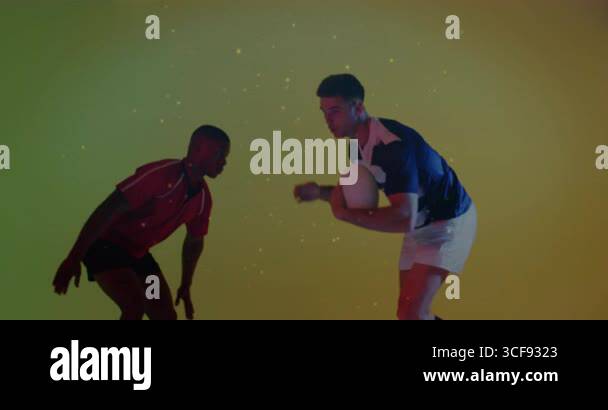 Rugby ball carrier shifting and feinting sidestep, drawing tackler into ...