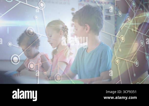 Kids tapping tablets and using stylus in classroom, pulsing transparent node overlay for e ...