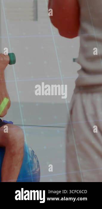 Older adults exercising with dumbbells over fitness data animation in ...
