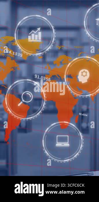 Animation of icons and data processing over world map and library ...
