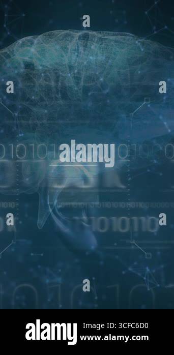 Animation of qr code over binary code and human head model. Data ...