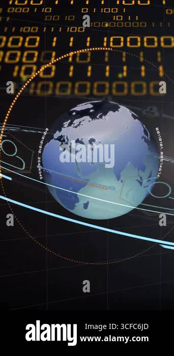 Animation of globe with binary coding and data processing over dark background. Global ...